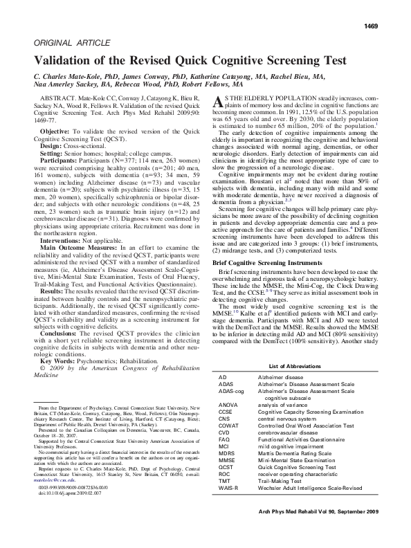 (PDF) Validation of the Revised Quick Cognitve Screening Test