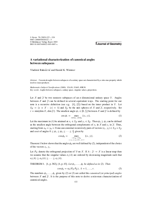 (PDF) Reshetov LA A variational characterization of canonical angles between subspaces