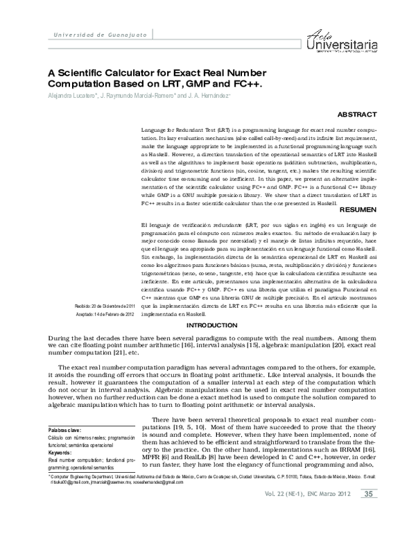 (PDF) A Scientific Calculator for Exact Real Number Computation Based on LRT, GMP and FC++