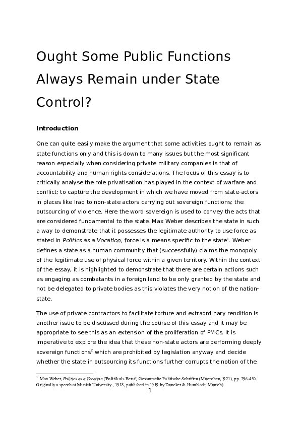 (DOC) Ought Some Public Functions Always Remain under State Control?