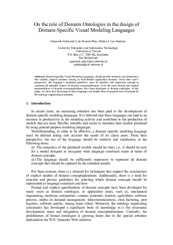 Pdf On The Role Of Domain Ontologies In The Design Of Domain Specific Visual Modeling Languages