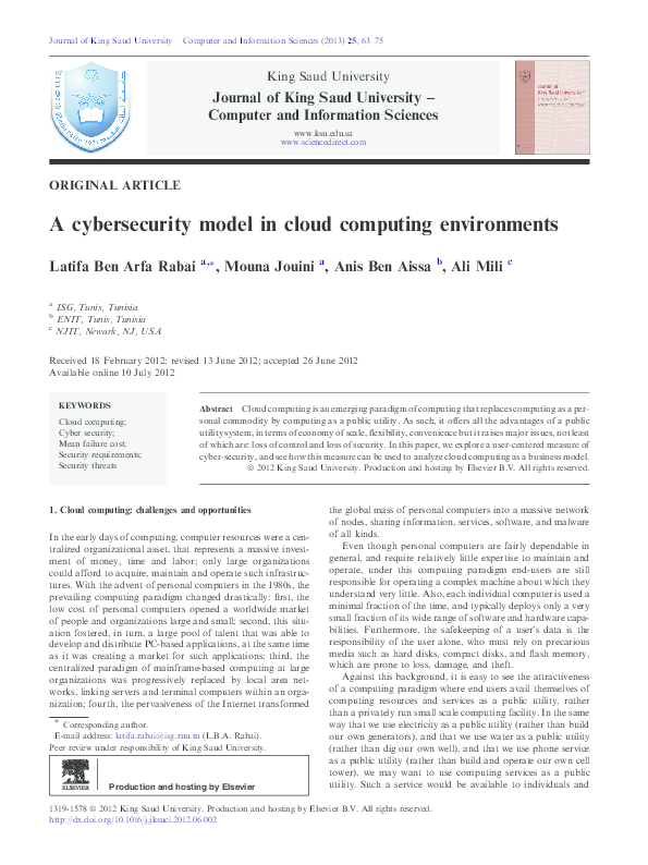 (PDF) A cybersecurity model in cloud computing