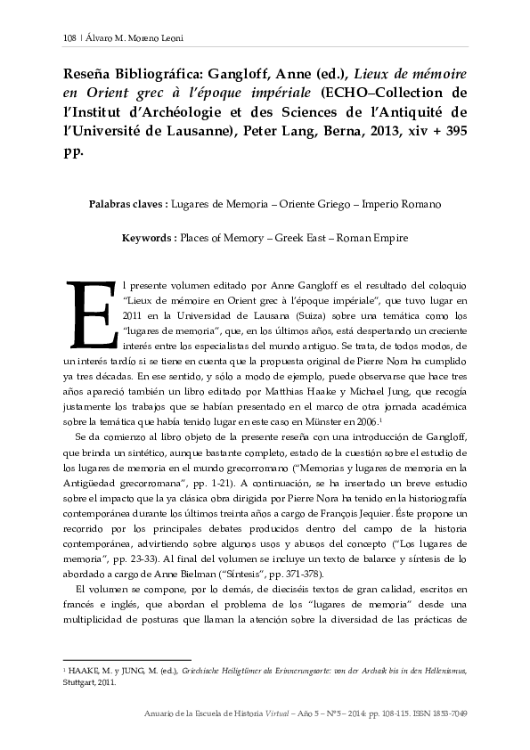 Reseña Bibliográfica: Gangloff, Anne (ed.), Lieux de mémoire en Orient ...