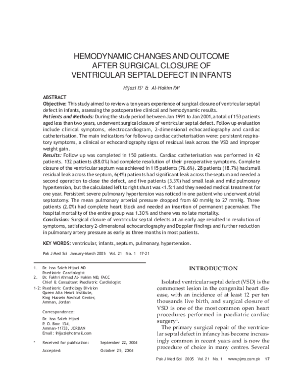 (PDF) HEMODYNAMIC CHANGES AND OUTCOME AFTER SURGICAL CLOSURE OF ...