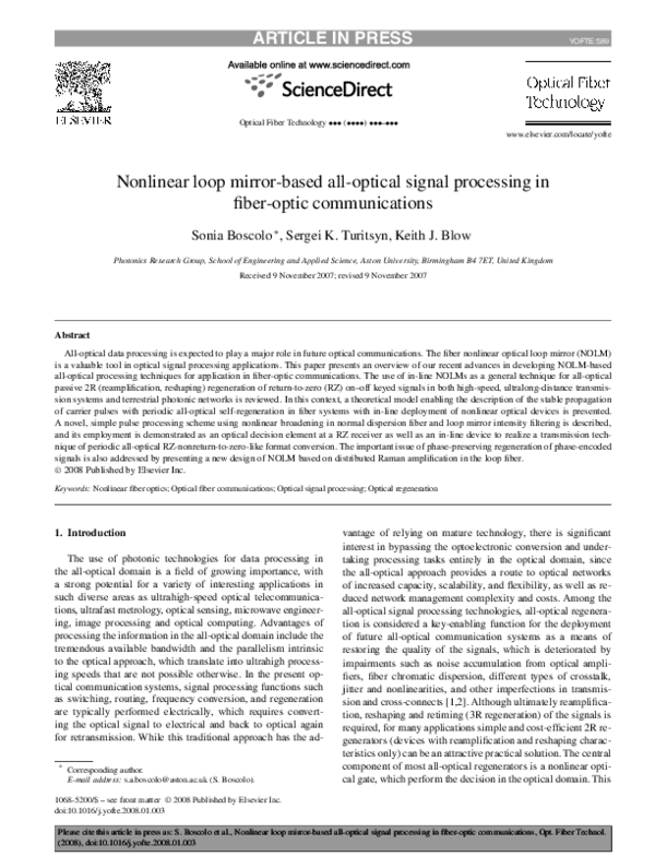 (PDF) Nonlinear loop mirror-based all-optical signal processing in fiber-optic communications