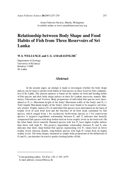 (PDF) Relationshipbetween Body Shapeand Food Habitsof Fishfrom Three ...