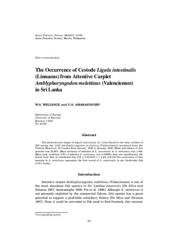 (PDF) The Occurrence of Cestode Ligula intestinalis (Linnaeus) from ...