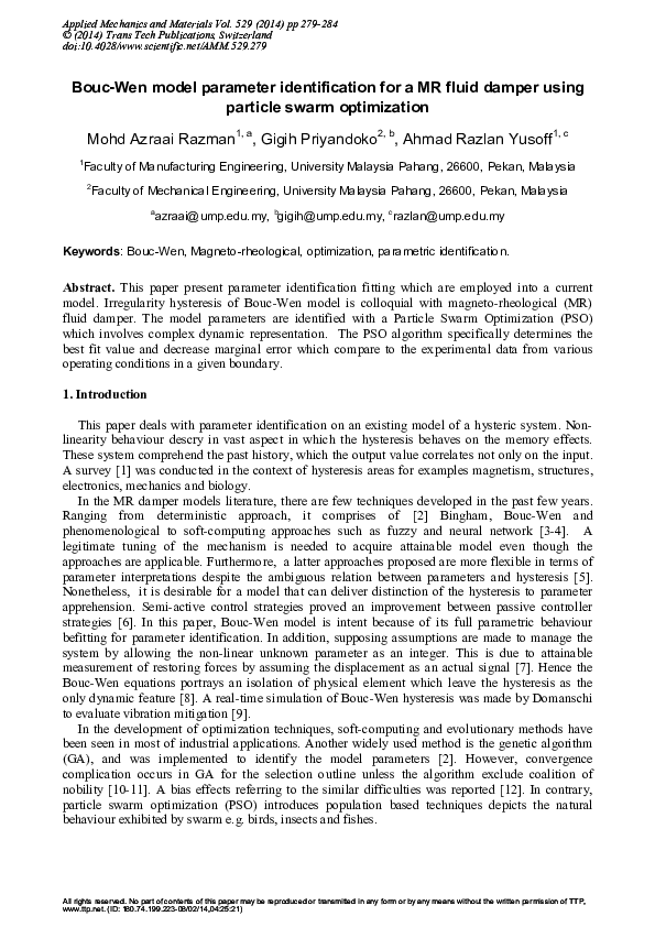 Pdf Bouc Wen Model Parameter Identification For A Mr Fluid Damper Using Particle Swarm
