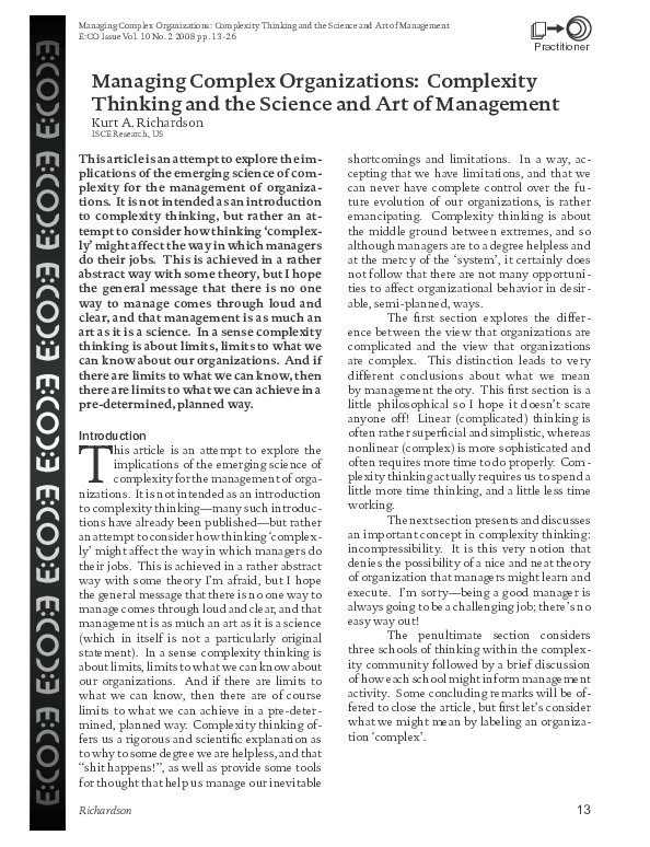 (PDF) Managing complex organizations: Complexity thinking and the ...