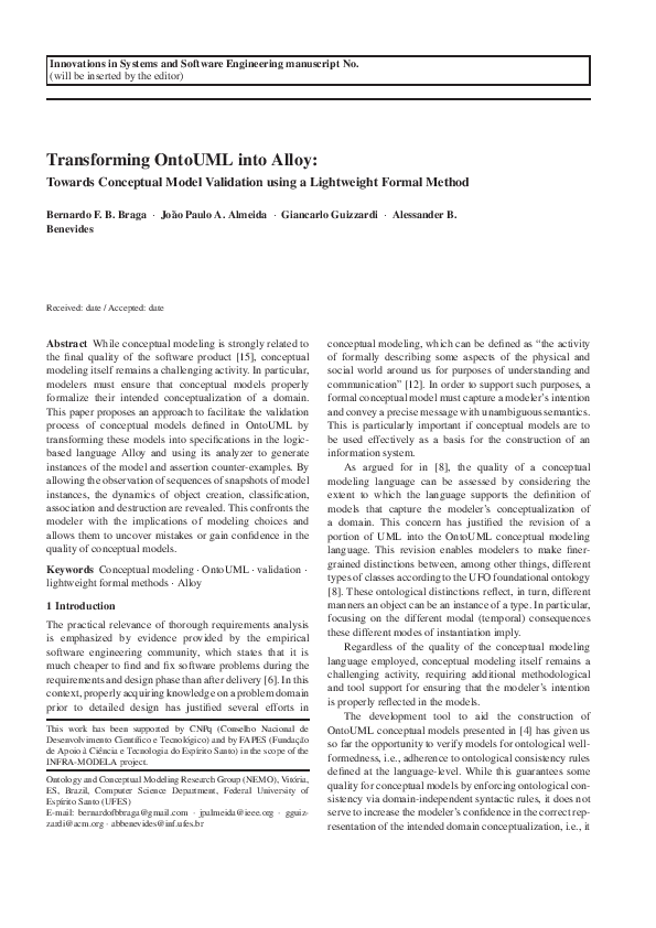(PDF) Transforming OntoUML into Alloy: Towards Conceptual Model Validation using a Lightweight ...