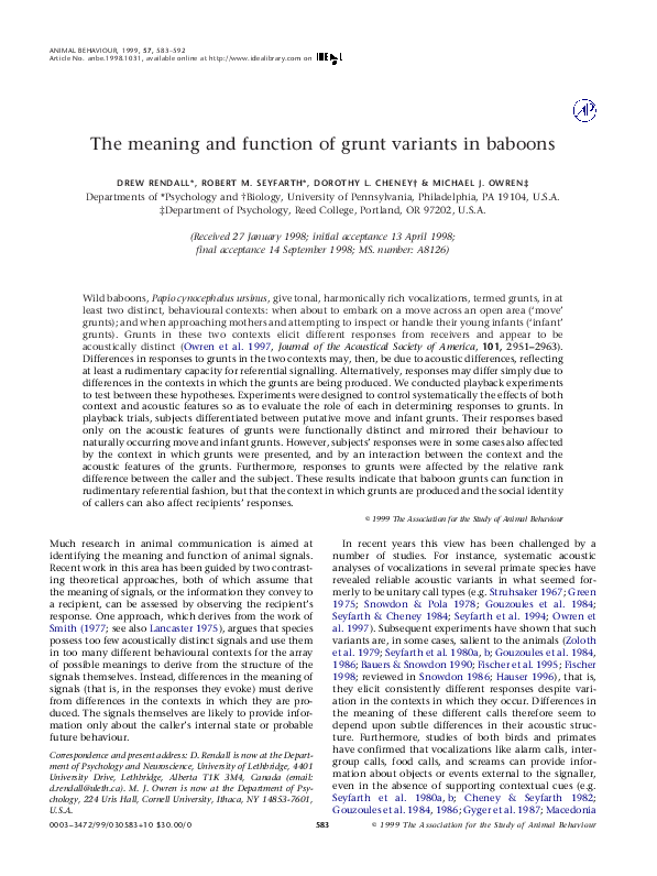 (PDF) The meaning and function of grunt variants in baboons