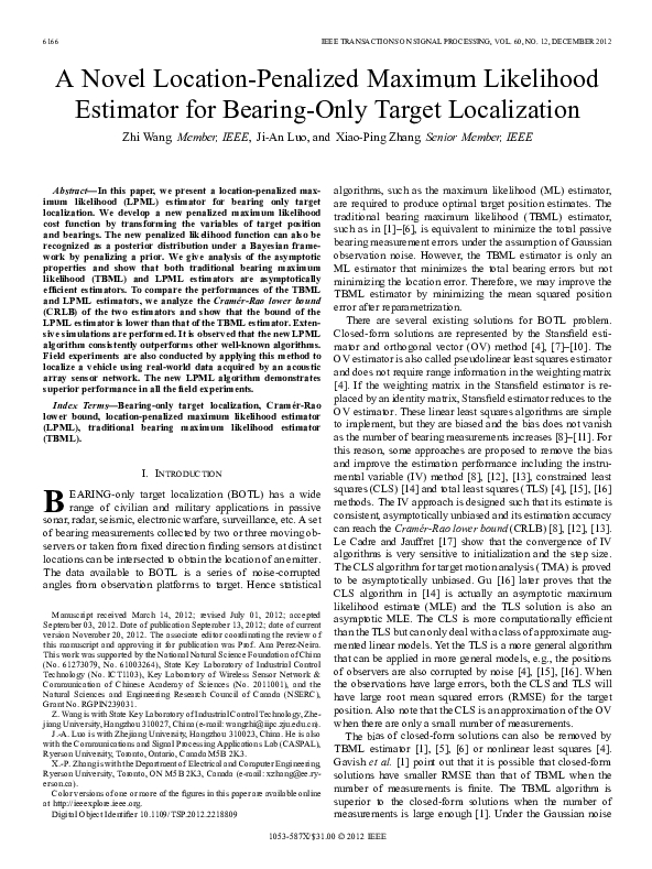 Pdf A Novel Location Penalized Maximum Likelihood Estimator For Bearing Only Target Localization