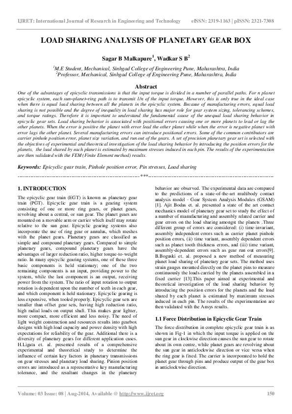 (PDF) LOAD SHARING ANALYSIS OF PLANETARY GEAR BOX