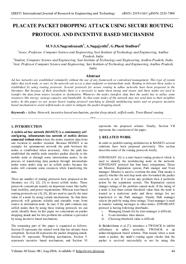Pdf Placate Packet Dropping Attack Using Secure Routing Protocol And