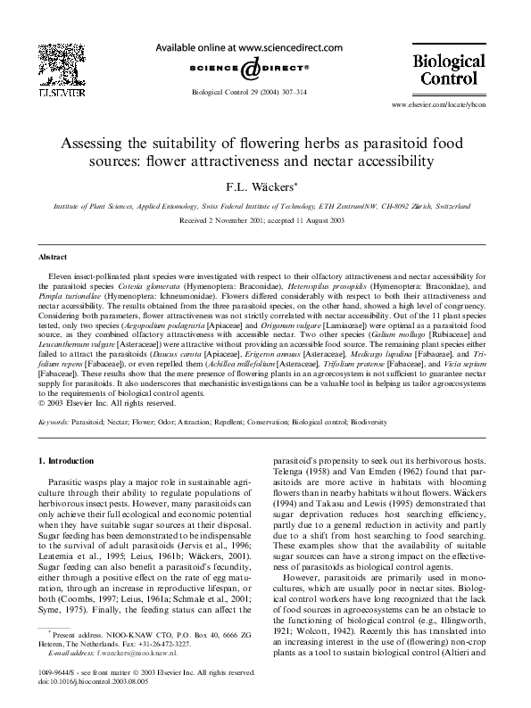 (PDF) Assessing the suitability of flowering herbs as parasitoid food ...