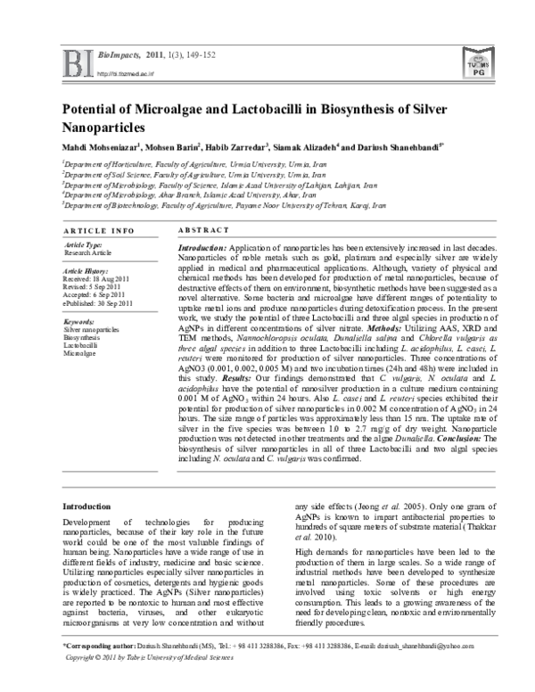 (PDF) Potential of Microalgae and Lactobacilli in Biosynthesis of Silver Nanoparticles