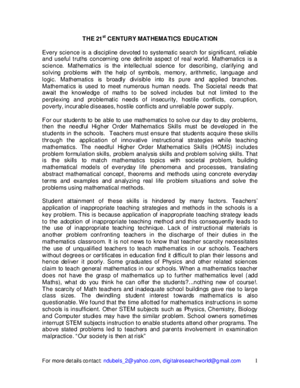 (PDF) 21st CENTURY MATHEMATICS EDUCATION
