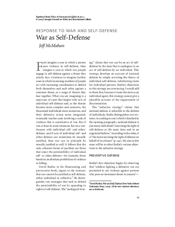(PDF) War as Self‐Defense