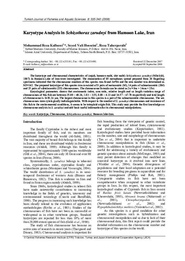 (PDF) Karyotype Analysis in Schizothorax zarudnyi from Hamoon Lake, Iran