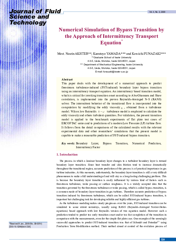 (PDF) Numerical Simulation of Bypass Transition by the Approach of Intermittency Transport Equation