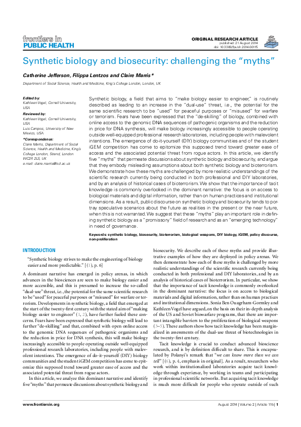Synthetic biology and biosecurity: challenging the “myths”