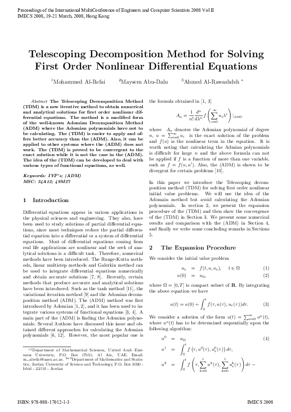 (PDF) Telescoping Decomposition Method for Solving First Order Nonlinear Difierential Equations