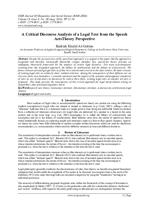 (PDF) A Critical Discourse Analysis of a Legal Text from the Speech ...