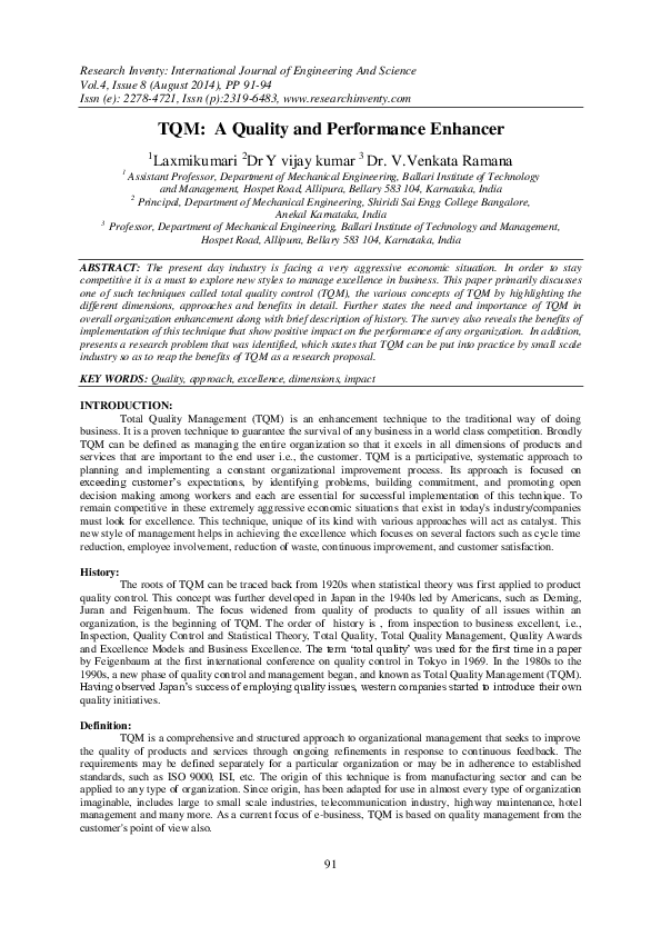 (PDF) TQM: A Quality and Performance Enhancer