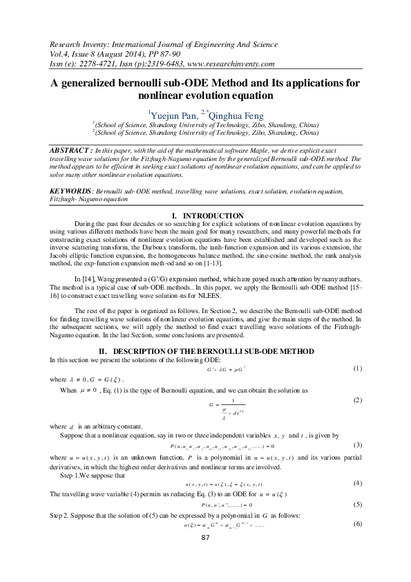 Pdf A Generalized Bernoulli Sub Ode Method And Its Applications For Nonlinear Evolution Equation