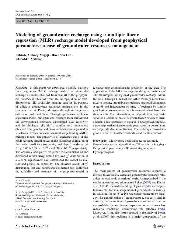Pdf Modeling Of Groundwater Recharge Using A Multiple Linear Regression Mlr Recharge Model