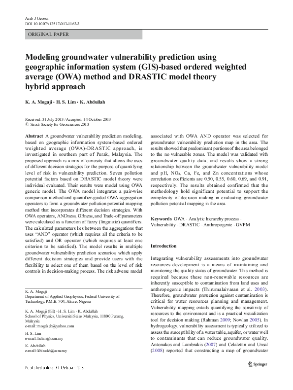 Pdf Modeling Groundwater Vulnerability Prediction Using Geographic Information System Gis