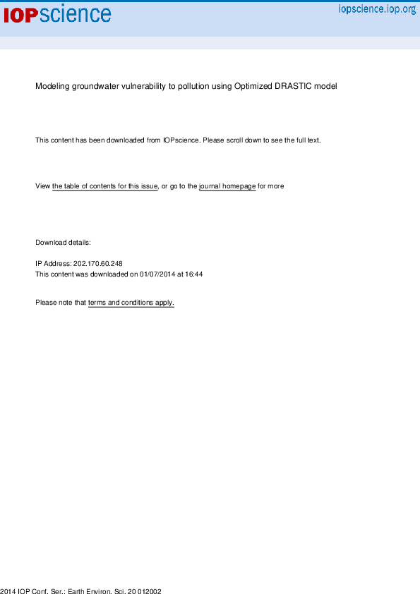 Pdf Modeling Groundwater Vulnerability To Pollution Using Optimized Drastic Model
