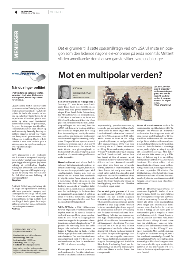 (PDF) Mot en multipolar verden? [Towards a multipolar world?] [Op-Ed]