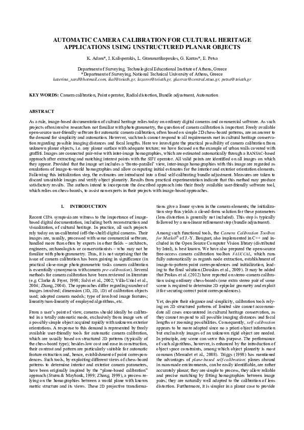 (PDF) AUTOMATIC CAMERA CALIBRATION FOR CULTURAL HERITAGE APPLICATIONS USING UNSTRUCTURED PLANAR ...