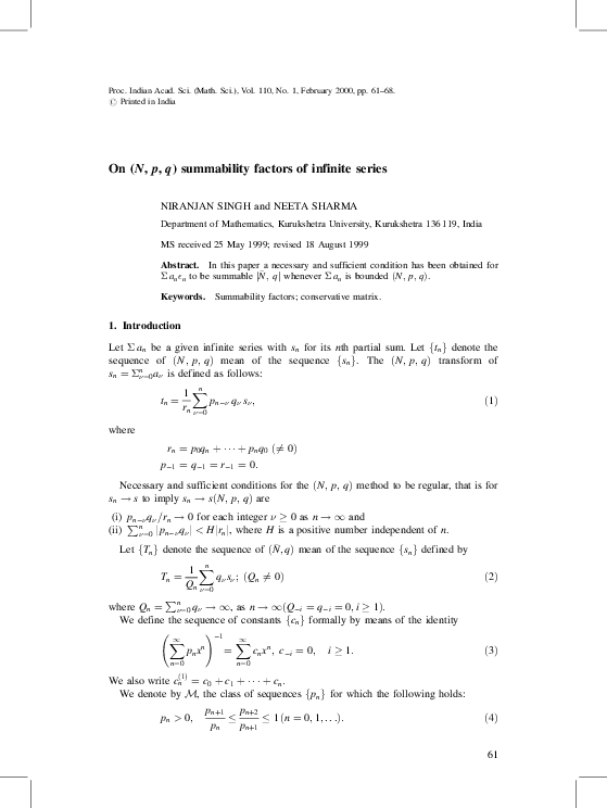 Pdf On N P Q Summability Factors Of Infinite Series