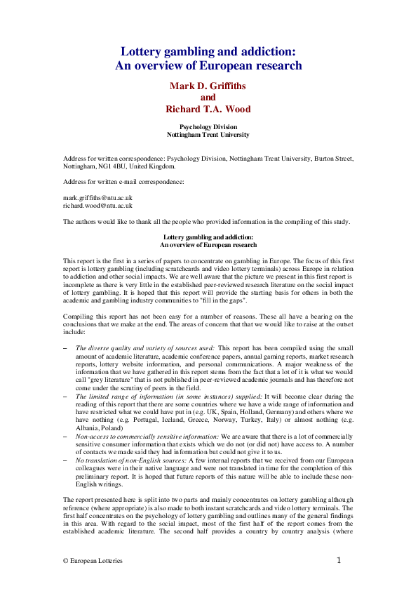 (PDF) Lottery gambling and addiction: An overview of European research