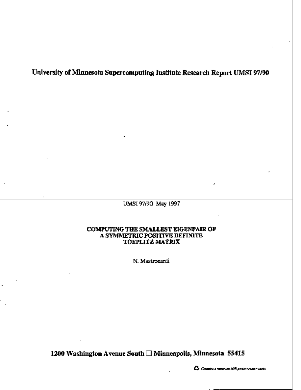 Pdf Computing The Smallest Eigenpair Of A Symmetric Positive Definite Toeplitz Matrix Nicola