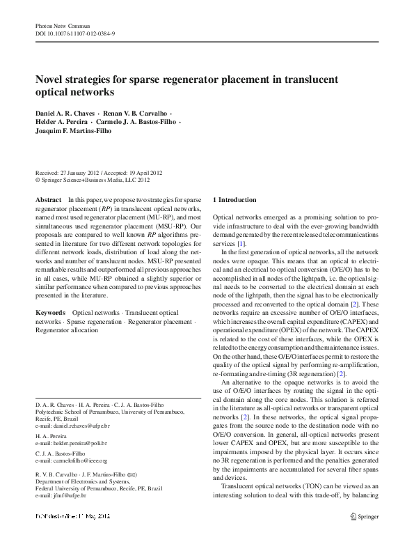 (PDF) Novel strategies for sparse regenerator placement in translucent optical networks
