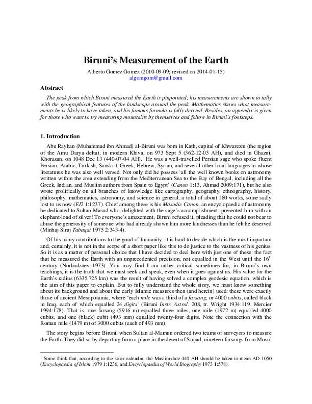 (PDF) Biruni's measurement of the Earth