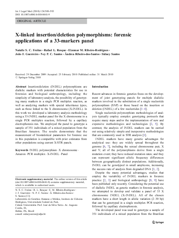 X Linked Insertiondeletion Polymorphisms Forensic Applications Of A 33markers Panel