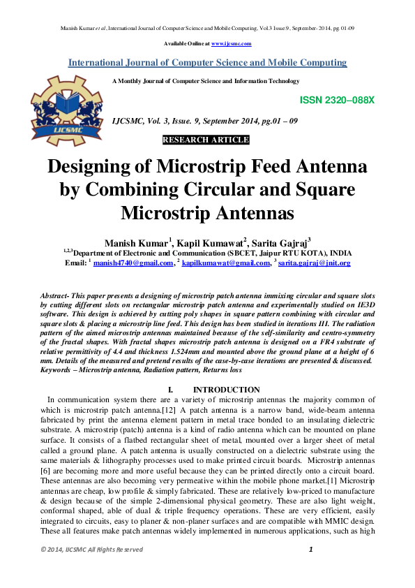 (PDF) Designing of Microstrip Feed Antenna by Combining Circular and Square Microstrip Antennas