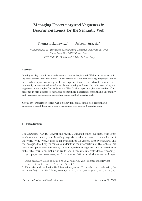 (PDF) Managing Uncertainty and Vagueness in Description Logics for the Semantic Web