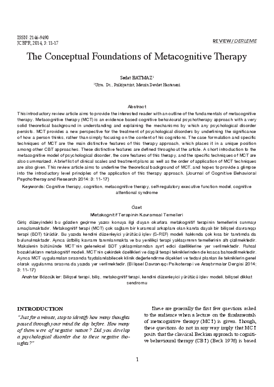 (PDF) [REVIEW] The Conceptual Foundations of Metacognitive Therapy