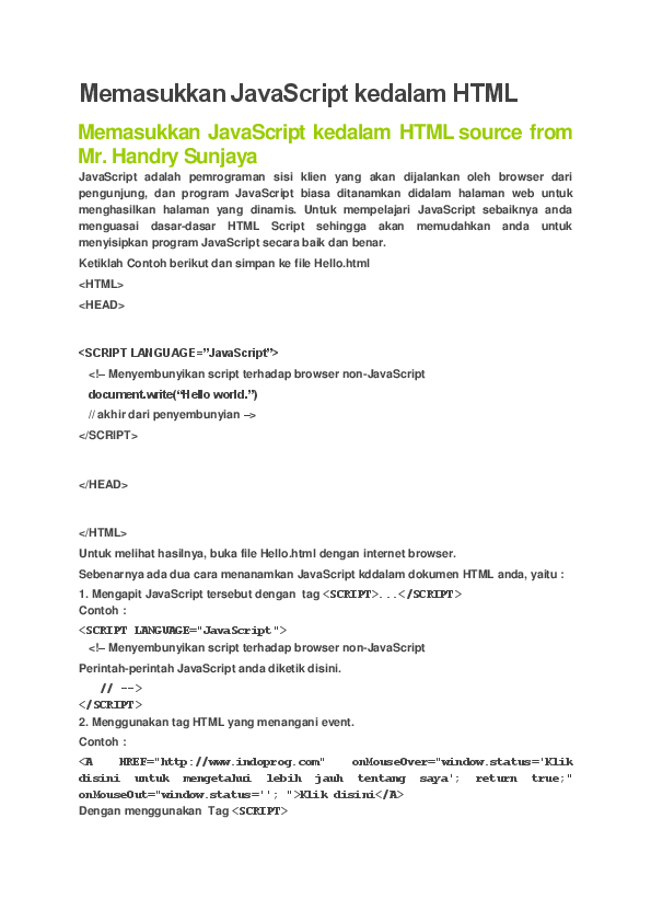 (DOC) Memasukkan JavaScript kedalam HTML Memasukkan JavaScript kedalam HTML source from Mr