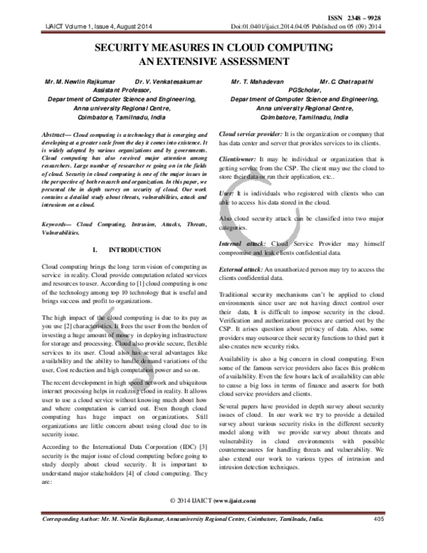 Pdf Security Measures In Cloud Computing An Extensive Assessment