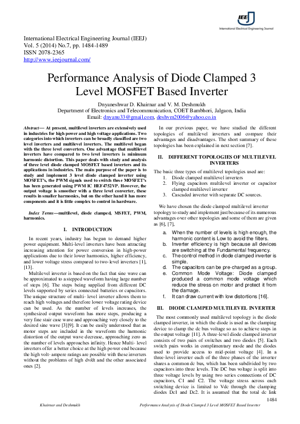 (PDF) Performance Analysis of Diode Clamped 3 Level MOSFET Based Inverter