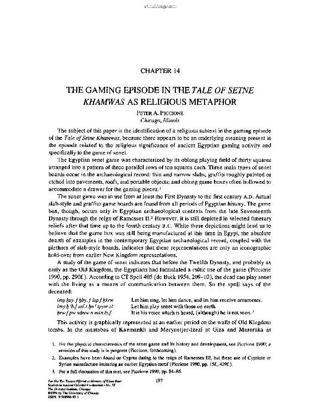 (PDF) The Gaming Episode in the Tale of Setne Khamwas As Religious Metaphor