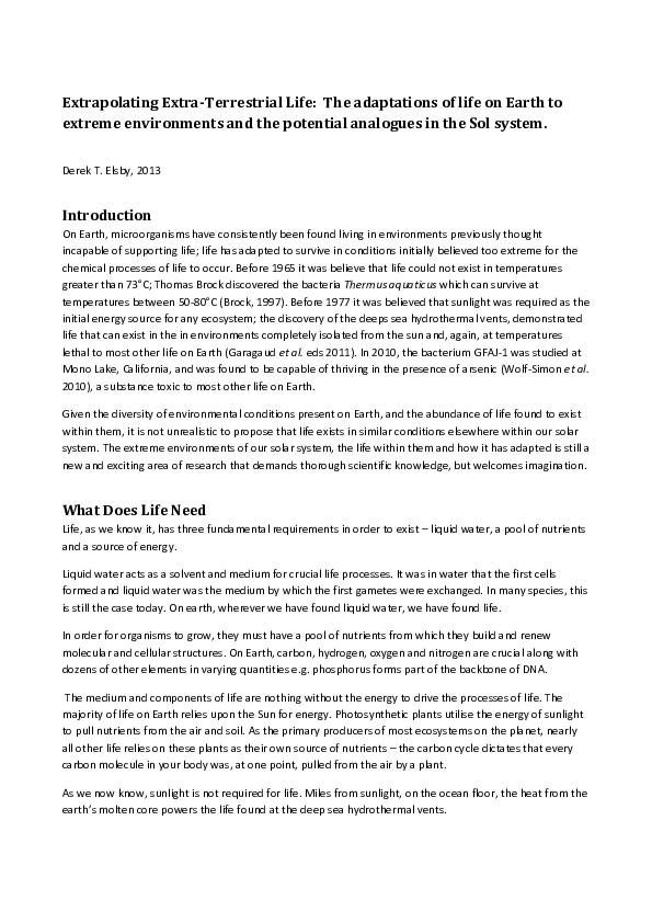 (PDF) Extrapolating Extra-Terrestrial Life: The adaptations of life on ...