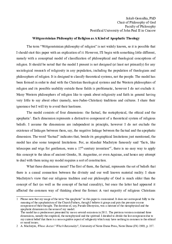 (PDF) Wittgensteinian Philosophy of Religion as A Kind of Apophatic ...