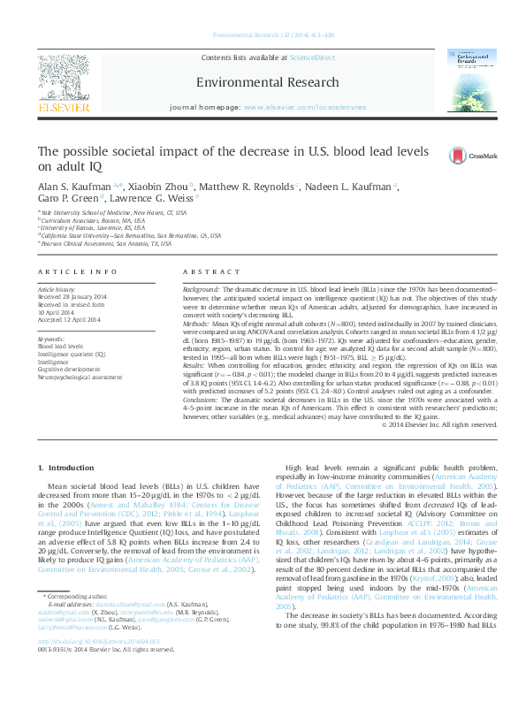 The possible societal impact of the decrease in U.S. blood lead levels ...